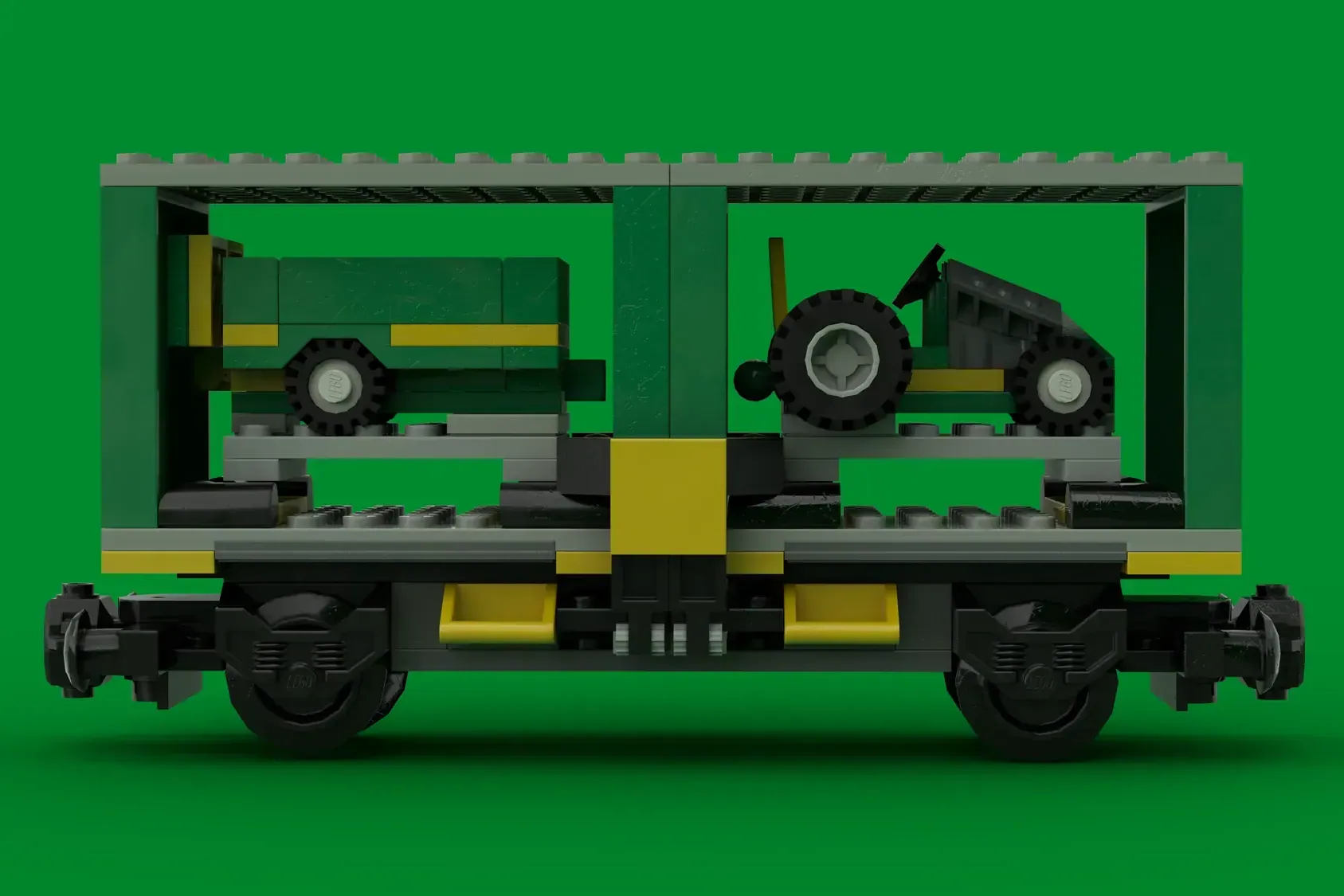 Green Themed Lawn Mower Tractor and Trailer With Freight Train Car ...