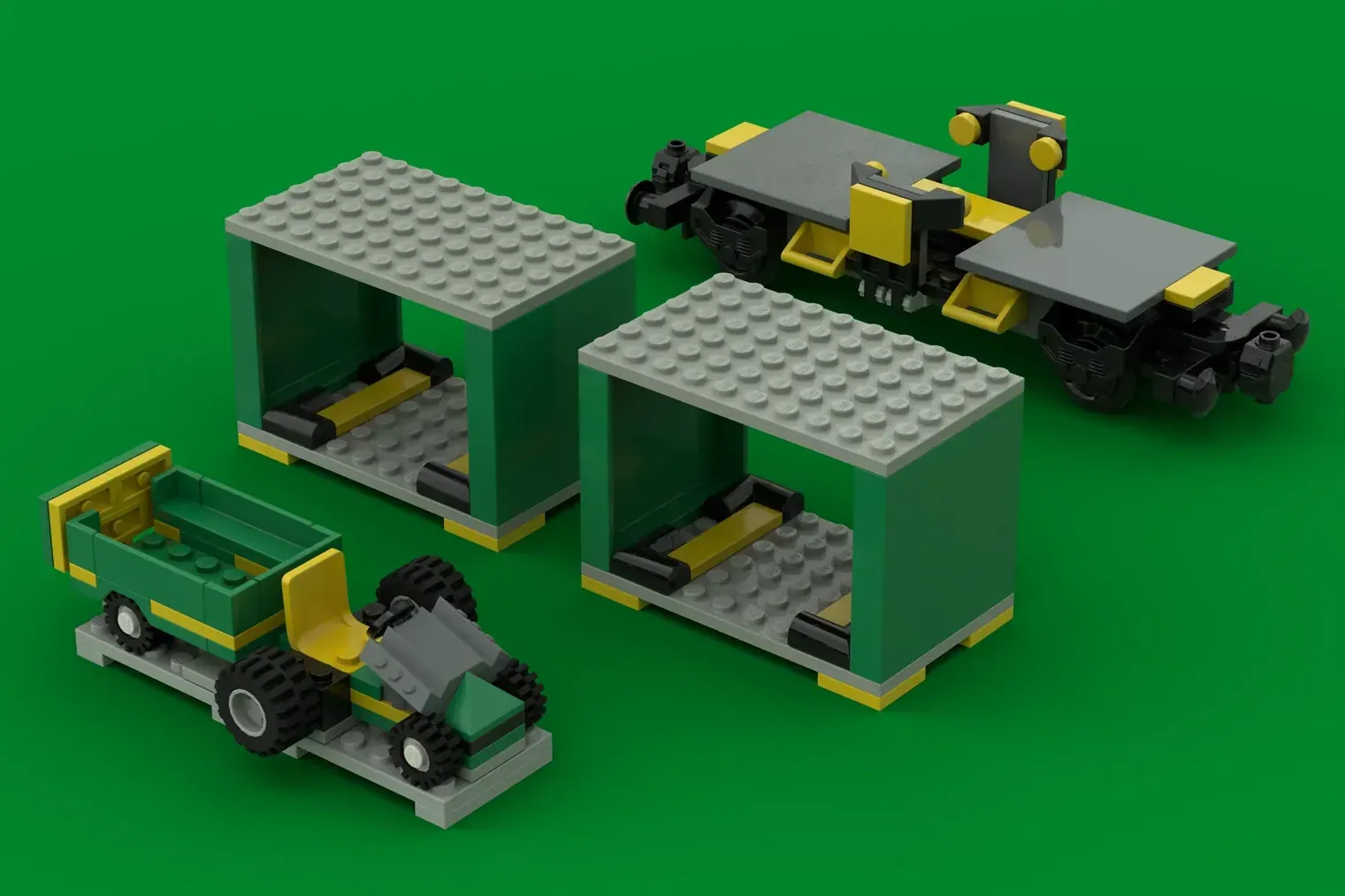 Green Themed Lawn Mower Tractor and Trailer With Freight Train Car ...